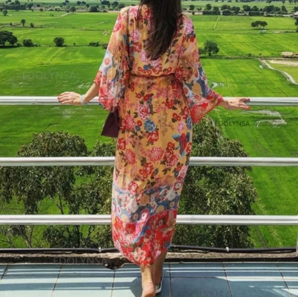 Dresses | New Boho Gypsy Floral Sheer Chiffon Kimono Robe Duster Red ...
